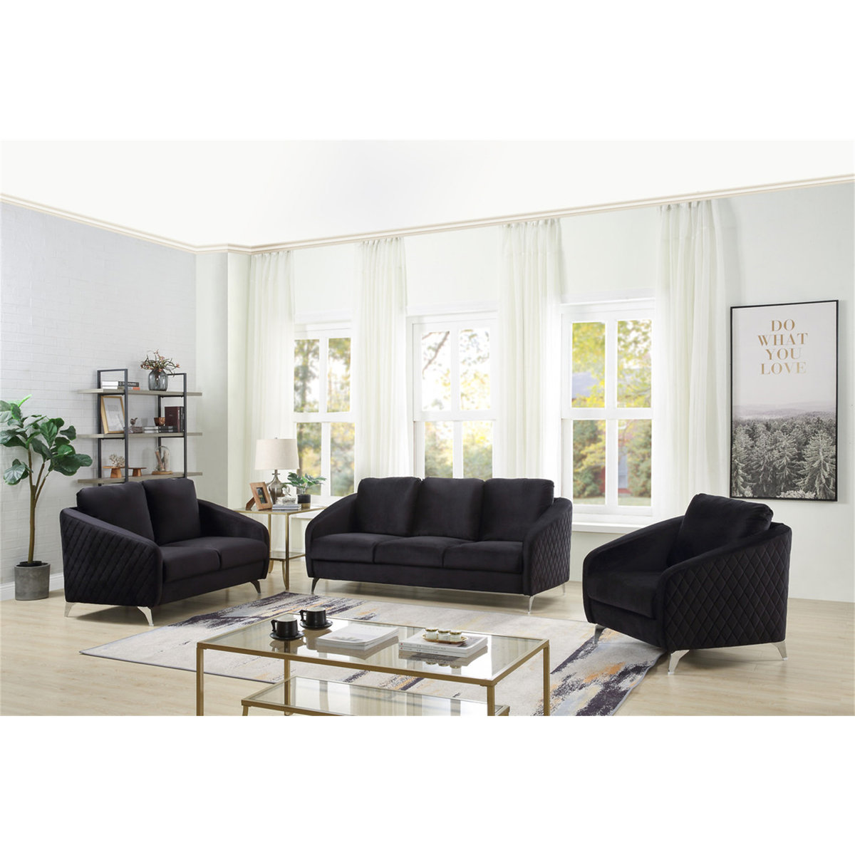 Everly Quinn Sofia Velvet Fabric Sofa Loveseat Chair Living Room Set ...